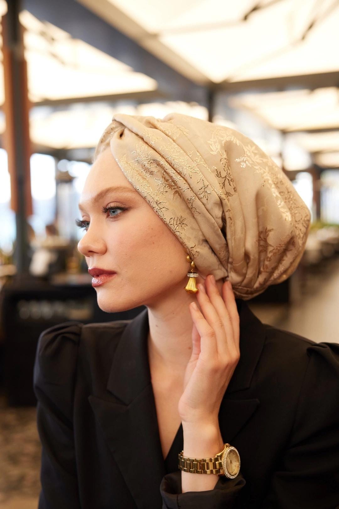 Gold Silk Turban Bonnet for Women, Handmade Italian Fabric Hijab With ...