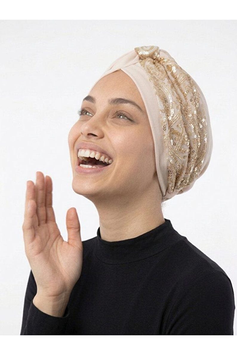 Beige Gold Sequin Turban Bonnet Modest Hijab Head Wrap Elegant Chemo ...