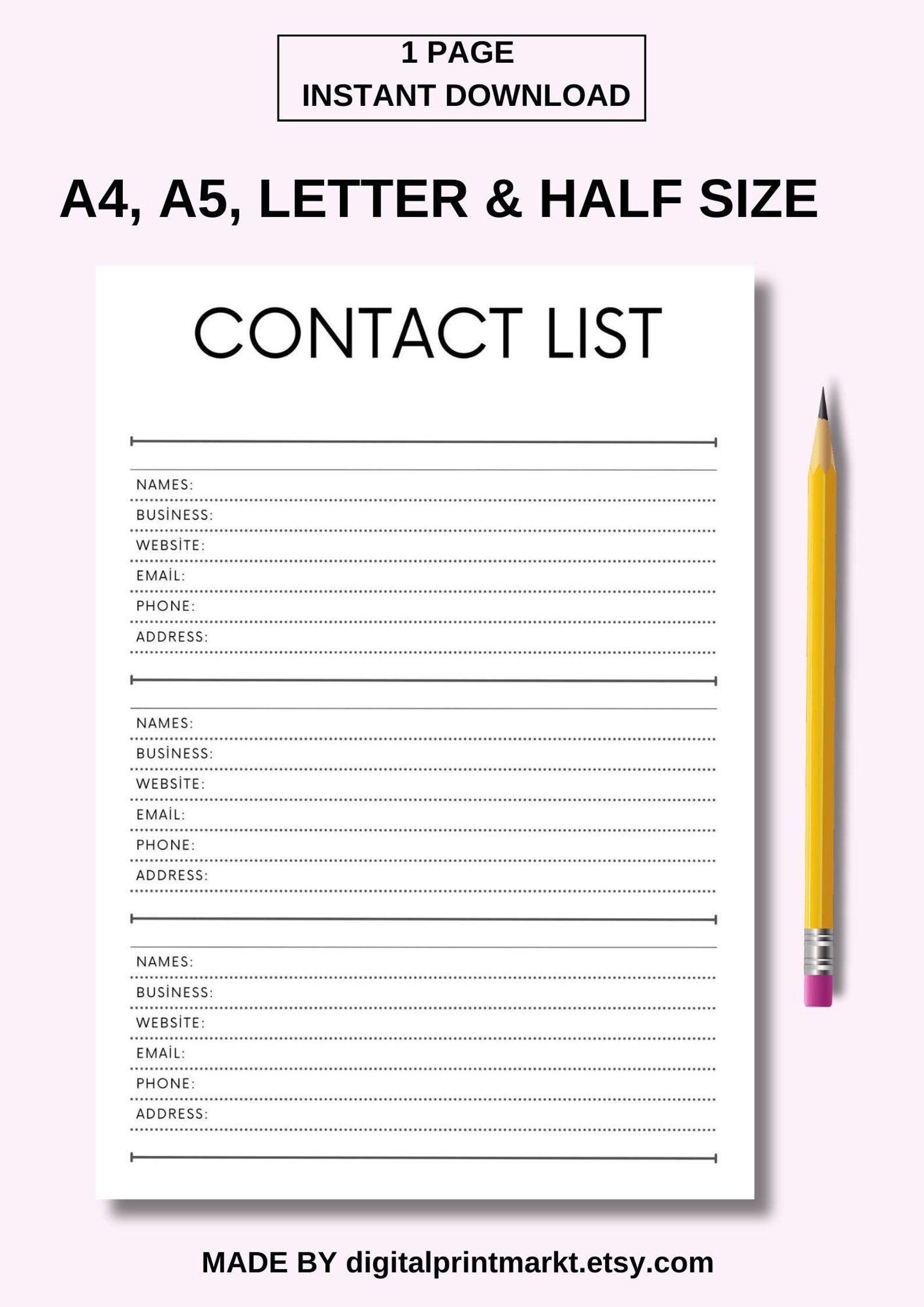 Contacts List Printable - Etsy