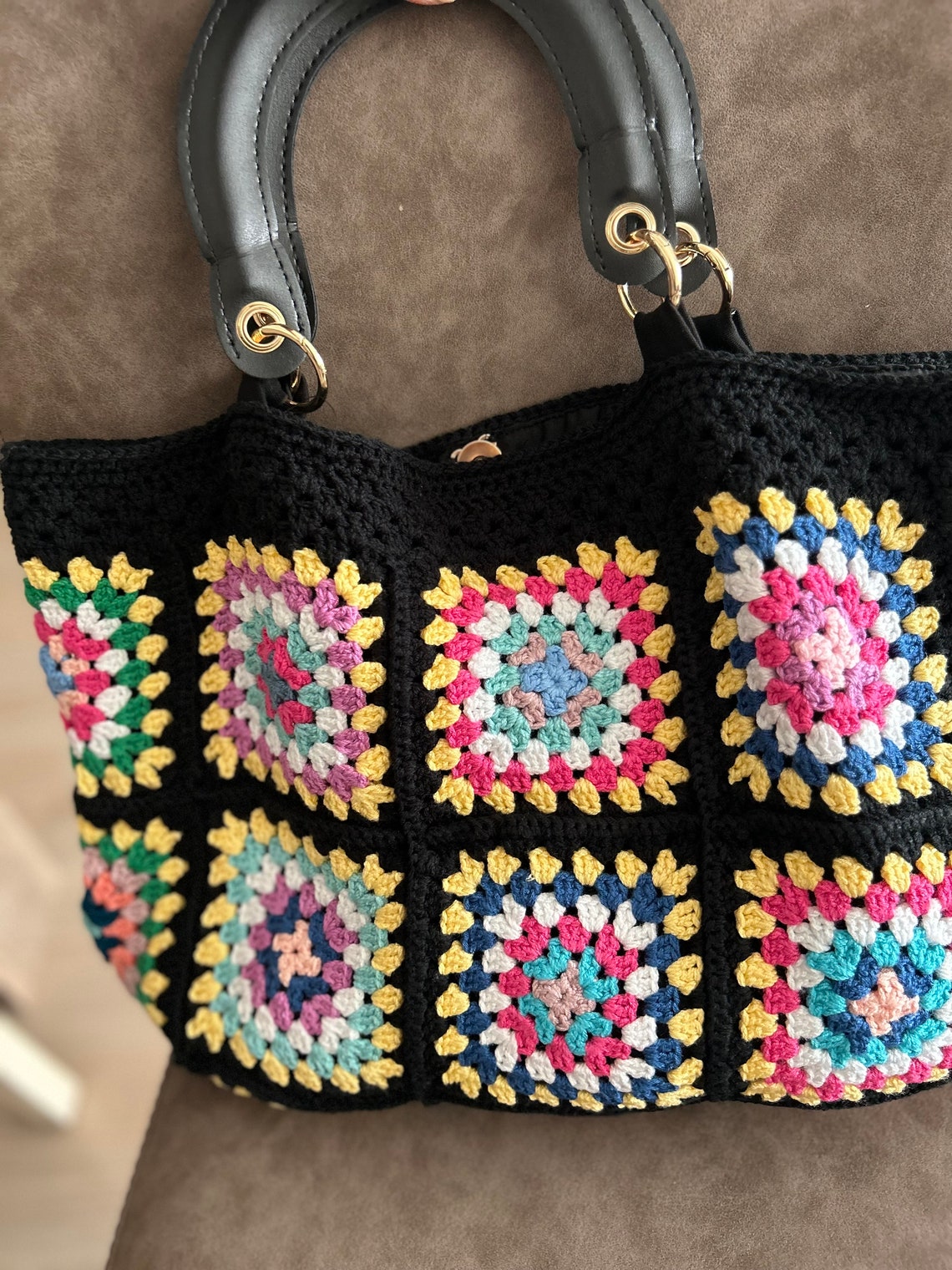 Crochet Granny Square Bag, Handmade Shoulder Bag With Leather Shoulder ...