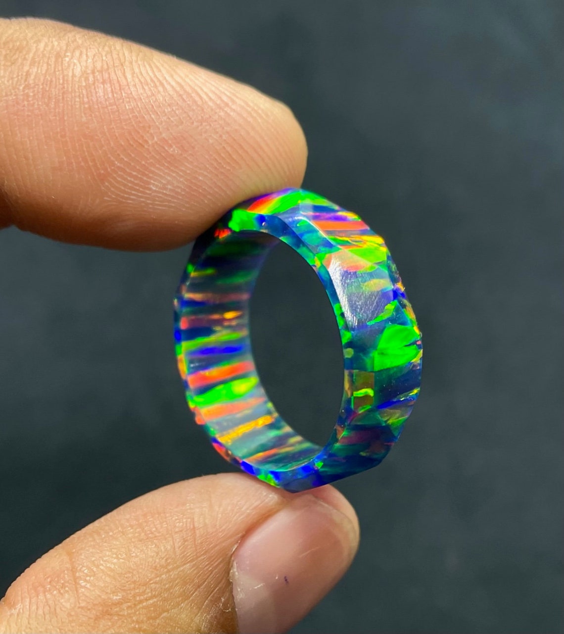 Solid Black Opal Ring, Thin Pure Black Faceted Opal Band, Opal Ring ...