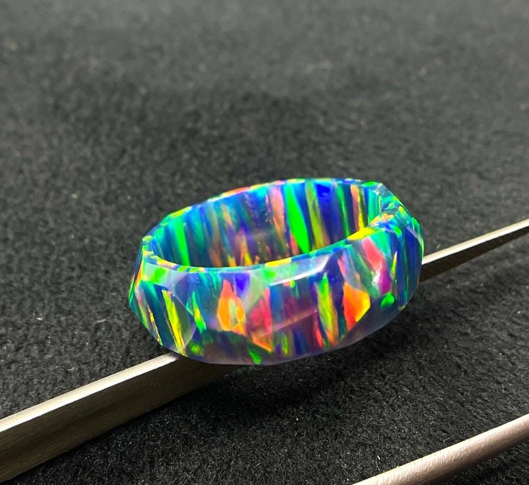Solid Black Opal Ring, Thin Pure Black Faceted Opal Band, Opal Ring ...