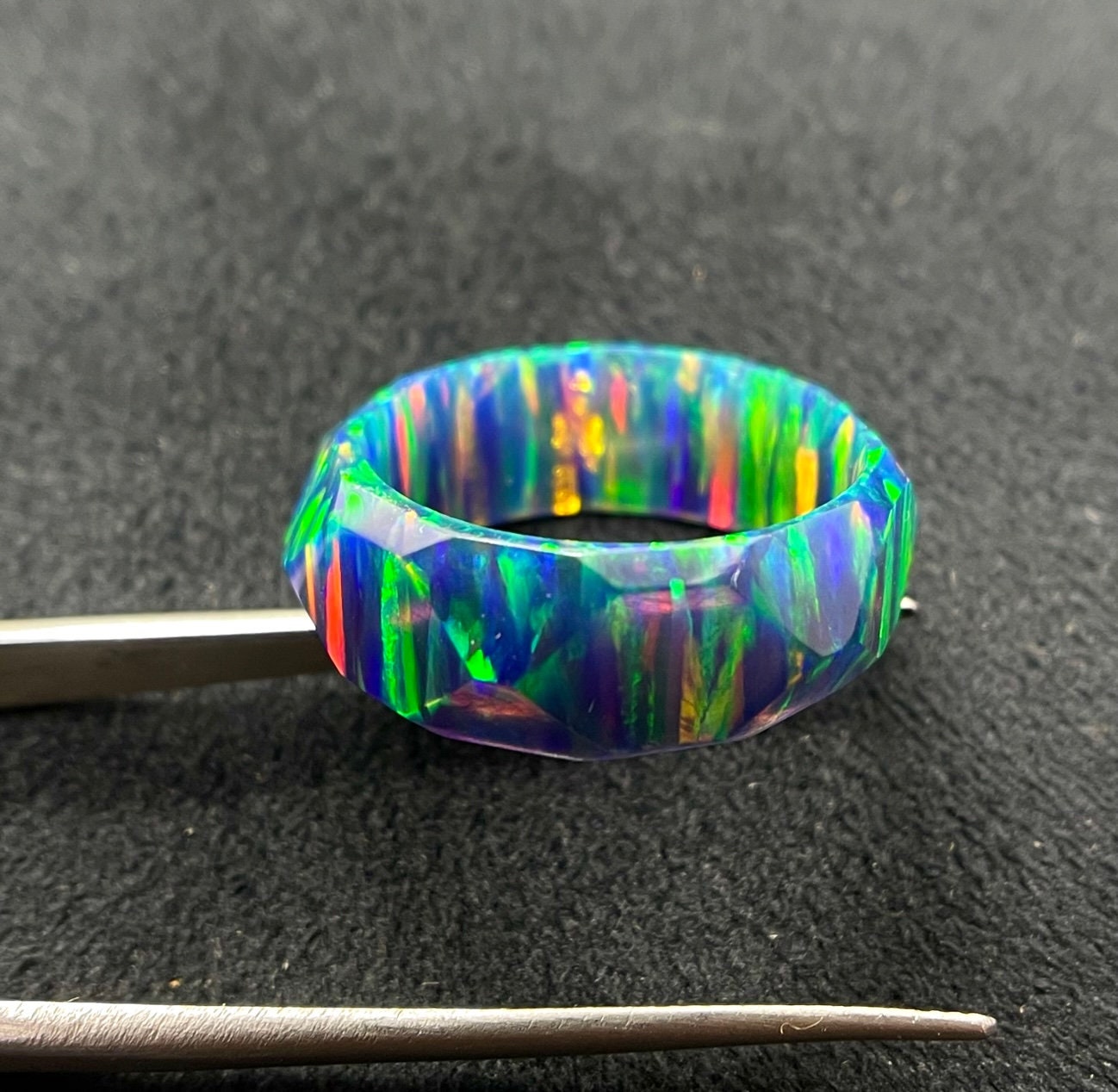 Solid Black Opal Ring, Thin Pure Black Faceted Opal Band, Opal Ring ...
