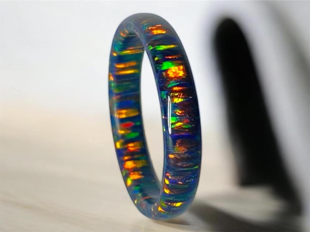 Black Solid Opal Ring, Thin Multi Fire Opal Band, Bello Opal Fire Ring ...