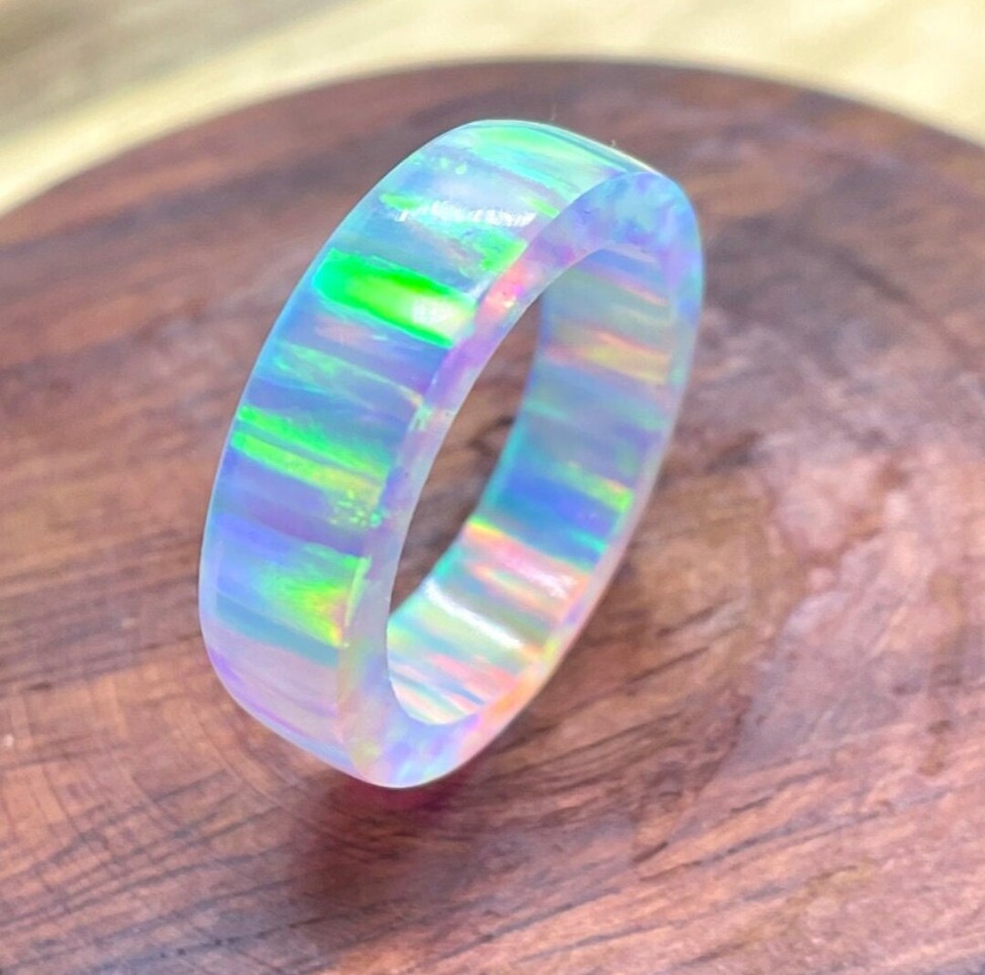 White Solid Opal Ring, Thin White Opal Band, Opal Ring, Obsidian Finish ...