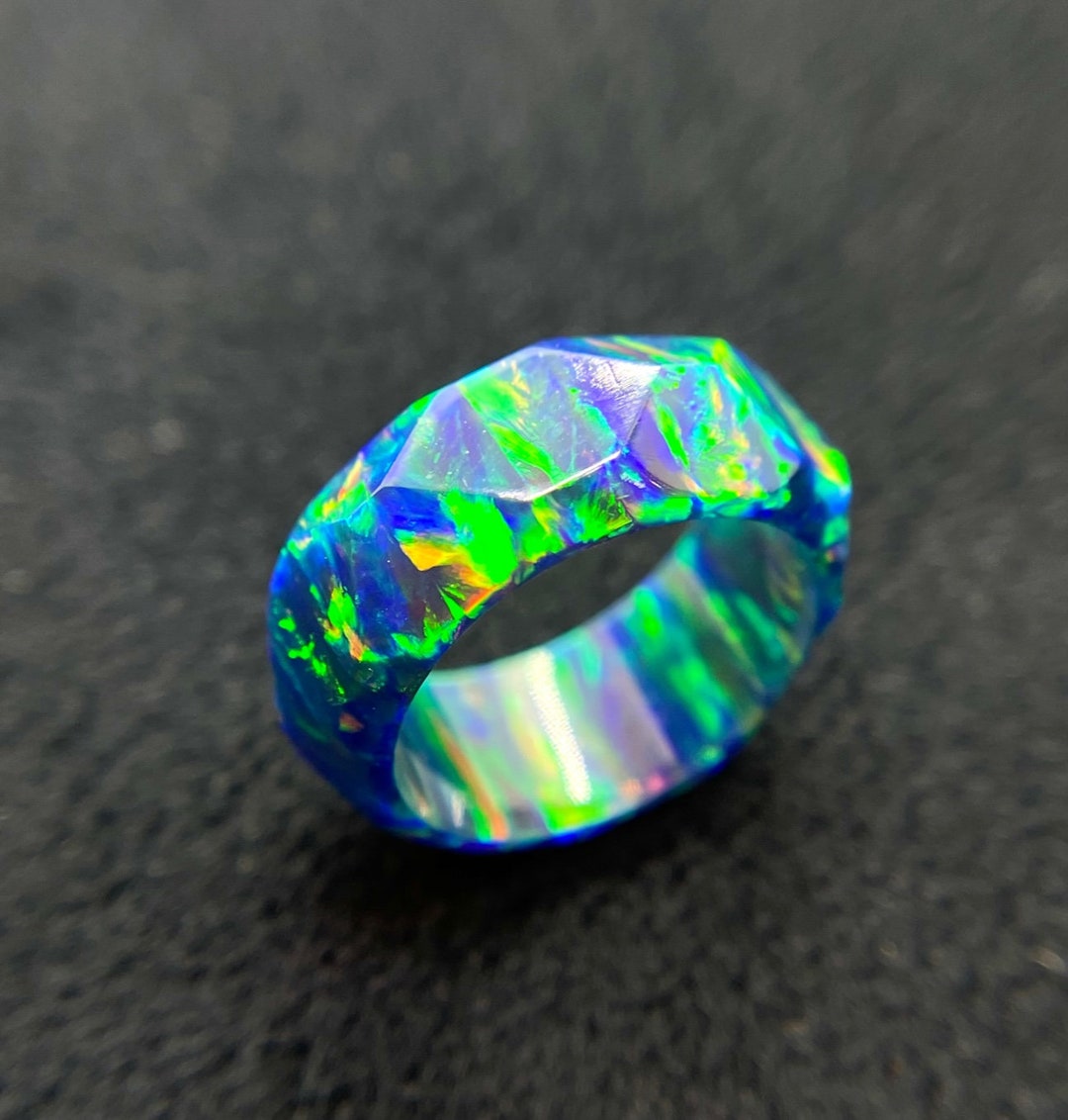 Black Solid Opal Ring, Thin Pure Black Faceted Bello Opal Band, Opal ...