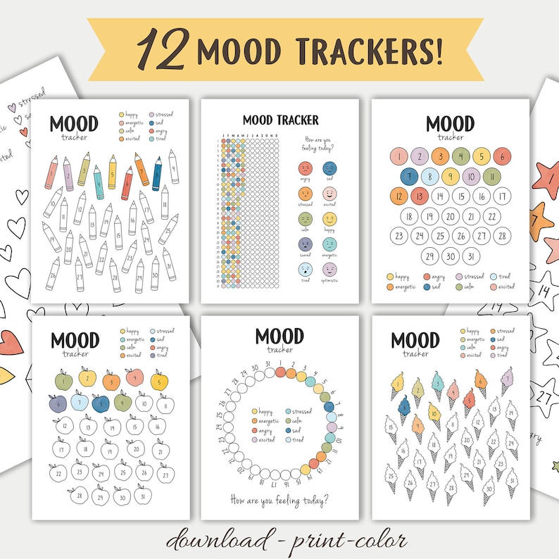 Mood Trackers Bundle, 12 School Counselor Worksheets, Feelings Chart ...