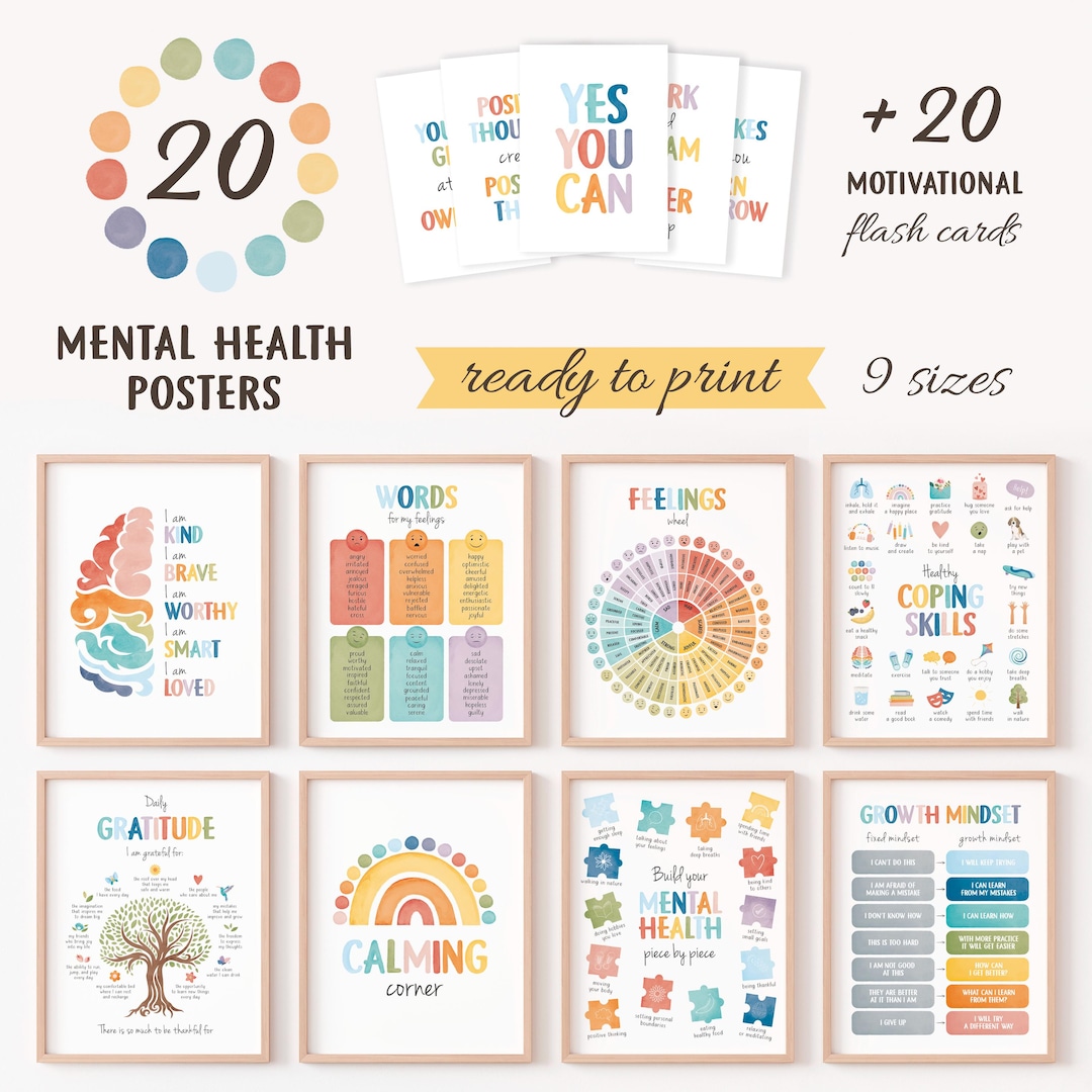 Therapy Office Decor Bundle, Feelings Wheel, Affirmations, Mental ...