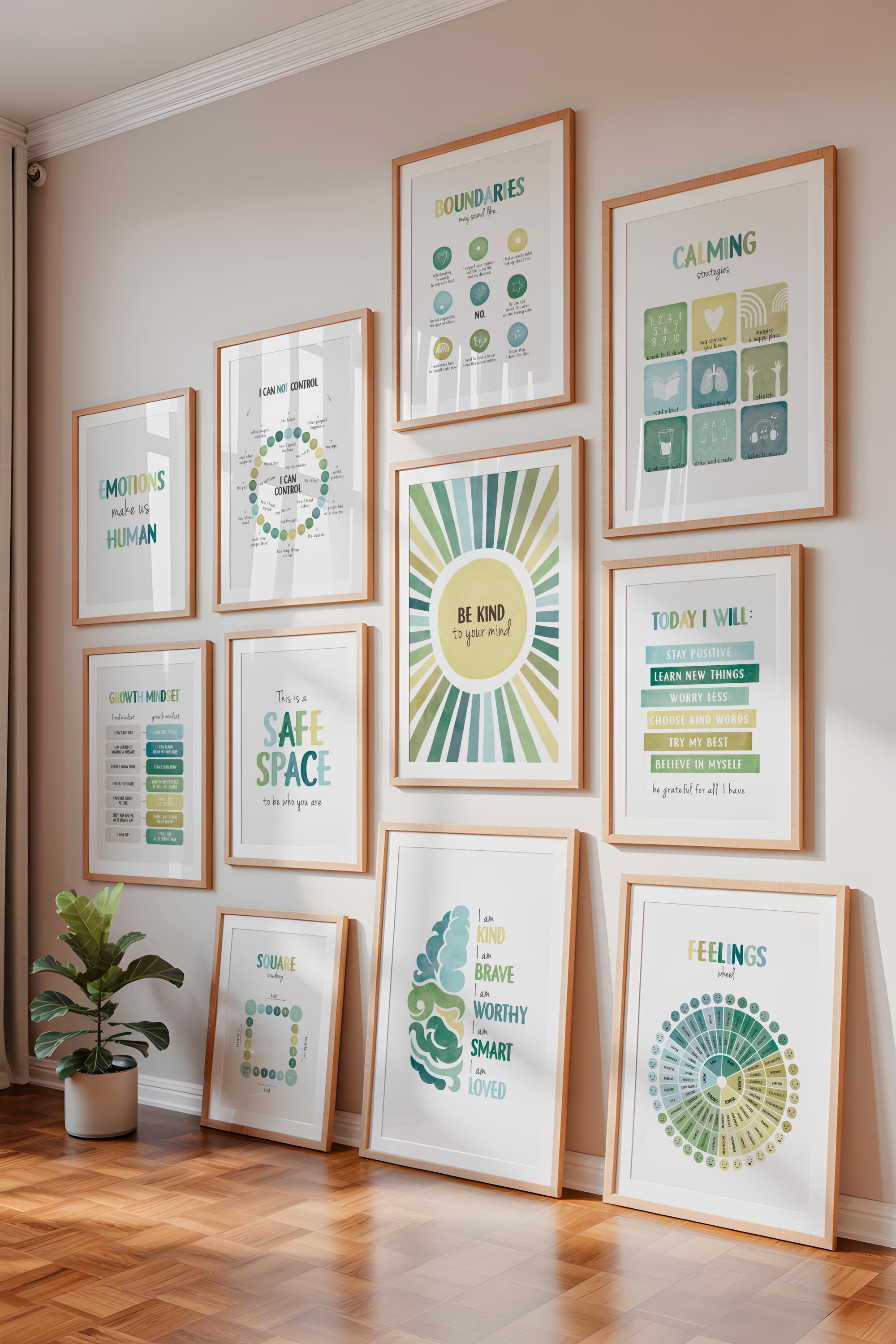Green Therapy Office Decor Bundle, Feelings Wheel, Growth Mindset ...