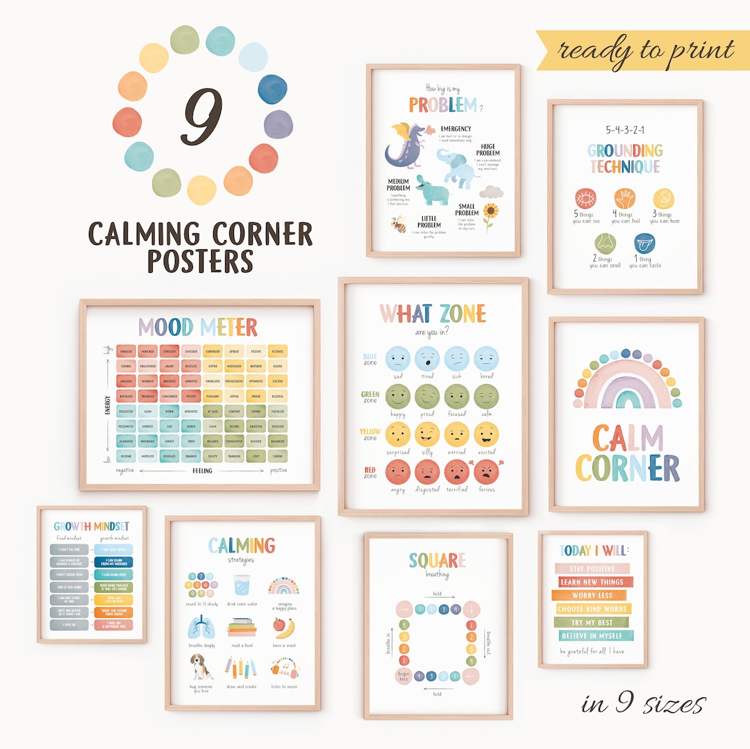 Set of 9 Calming Corner Posters, School Psychologist, Coping Techniques ...