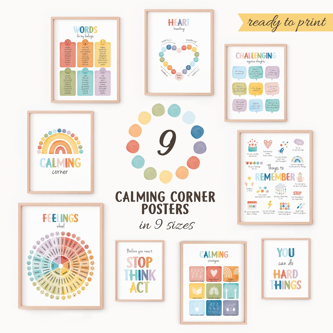 Set of 9 Calming Corner Posters, Feelings Wheel, School Psychologist ...