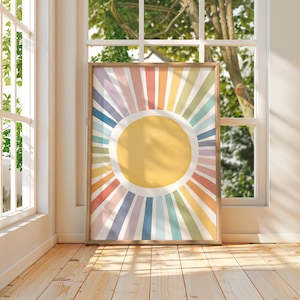 Sun Playroom Poster, Watercolor Nursery Sun Print, Rainbow Sun Wall Art ...