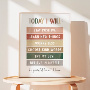 Today I Will Poster, Kids Positive Affirmation Art, Mental Health ...