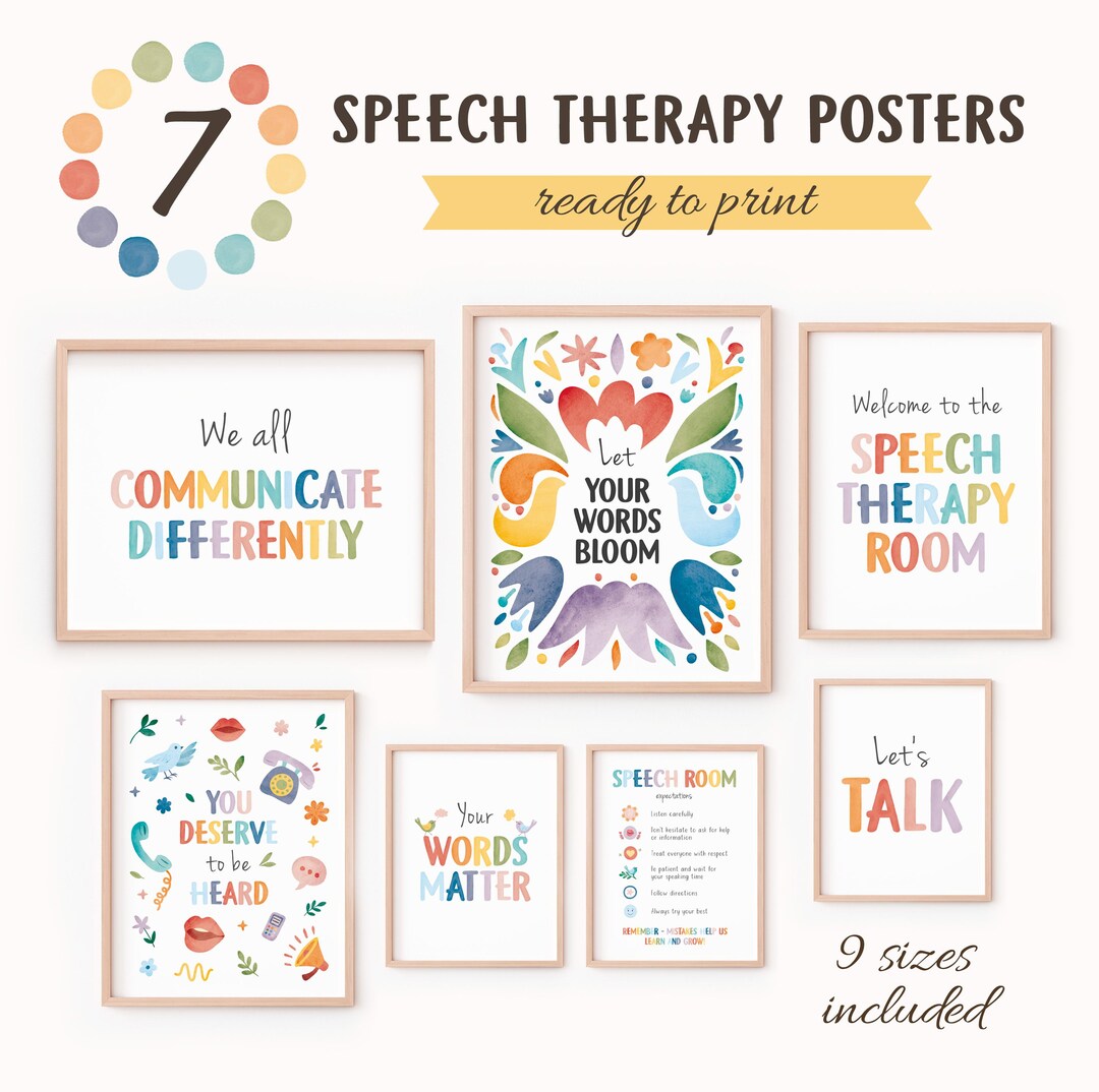 Speech Therapy Poster Set of 7, Rainbow SLP Art, Printable Speech Room ...