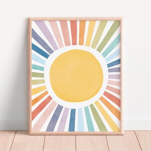 Sun Playroom Poster, Watercolor Nursery Sun Print, Rainbow Sun Wall Art ...