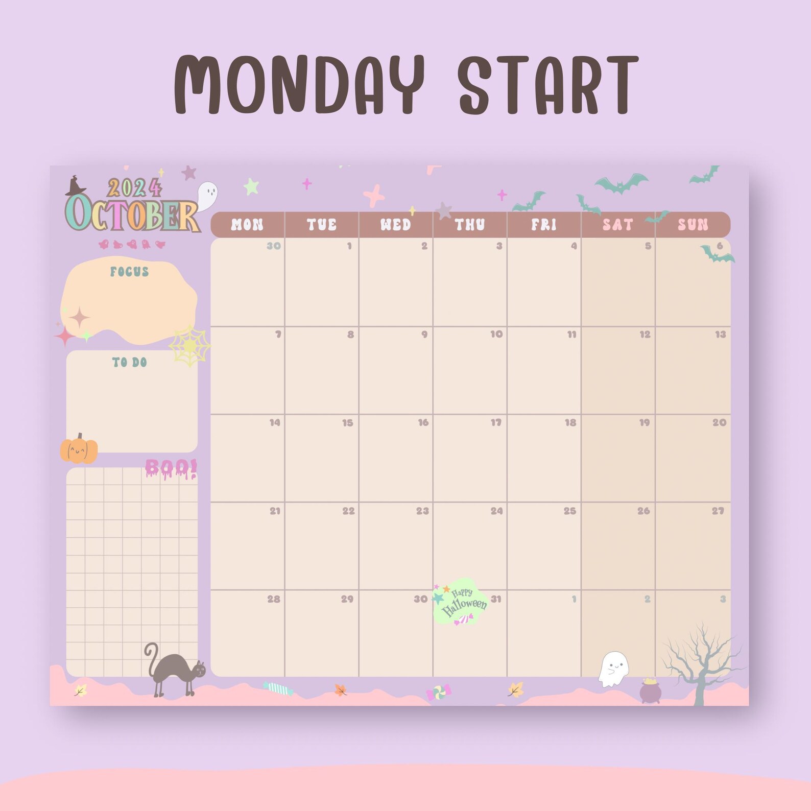 October 2024 Planner Printable, October Calendar Printable, Halloween ...