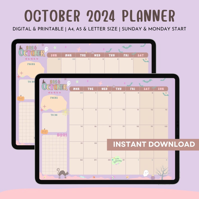 October 2024 Planner Printable, October Calendar Printable, Halloween ...
