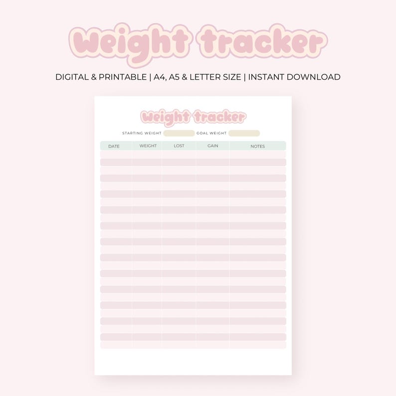 Digital Weight Tracker Printable, Weight Loss Tracker, Weight Loss Template, Weight Loss Chart ...