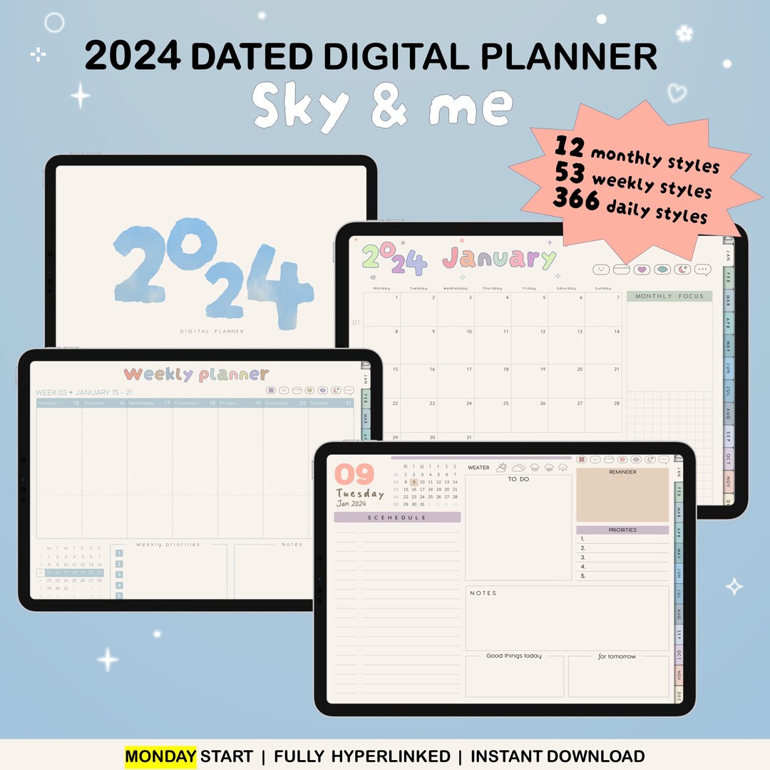 2024 SKY & ME Digital Planner Hyperlinked Planner Dated Planner Monthly ...