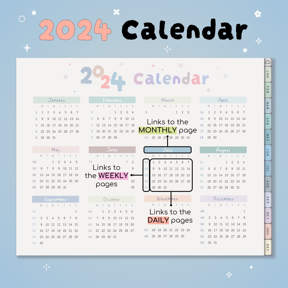 2024 SKY & ME Digital Planner Hyperlinked Planner Dated Planner Monthly ...