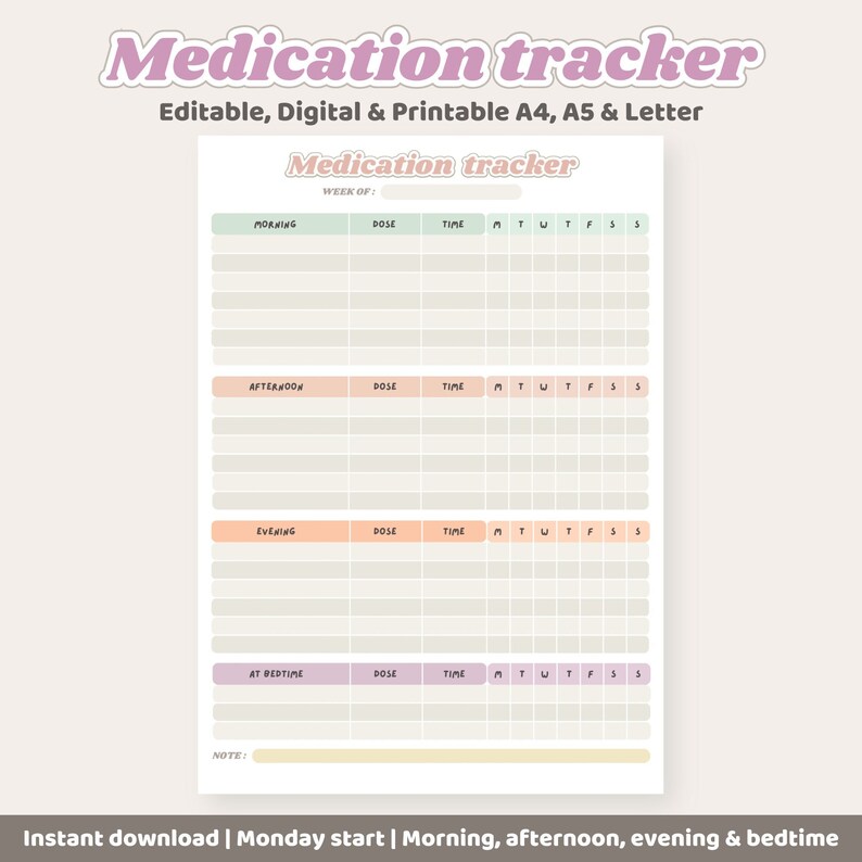 Editable Medication Tracker, Medication Log, Weekly Pill Planner ...