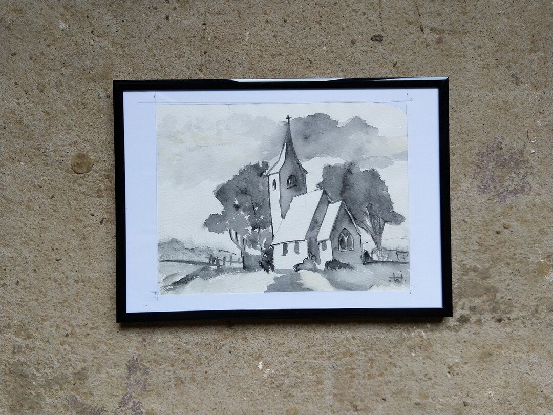 Watercolor Original Handmade Landscape With Church - Etsy