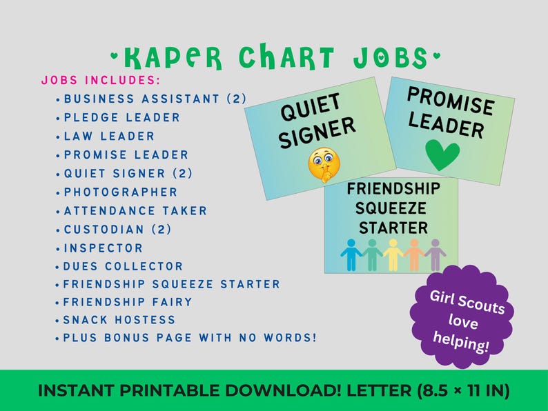 Kaper Chart Jobs for Girl Scouts - Instant Download - Easily Add to ...