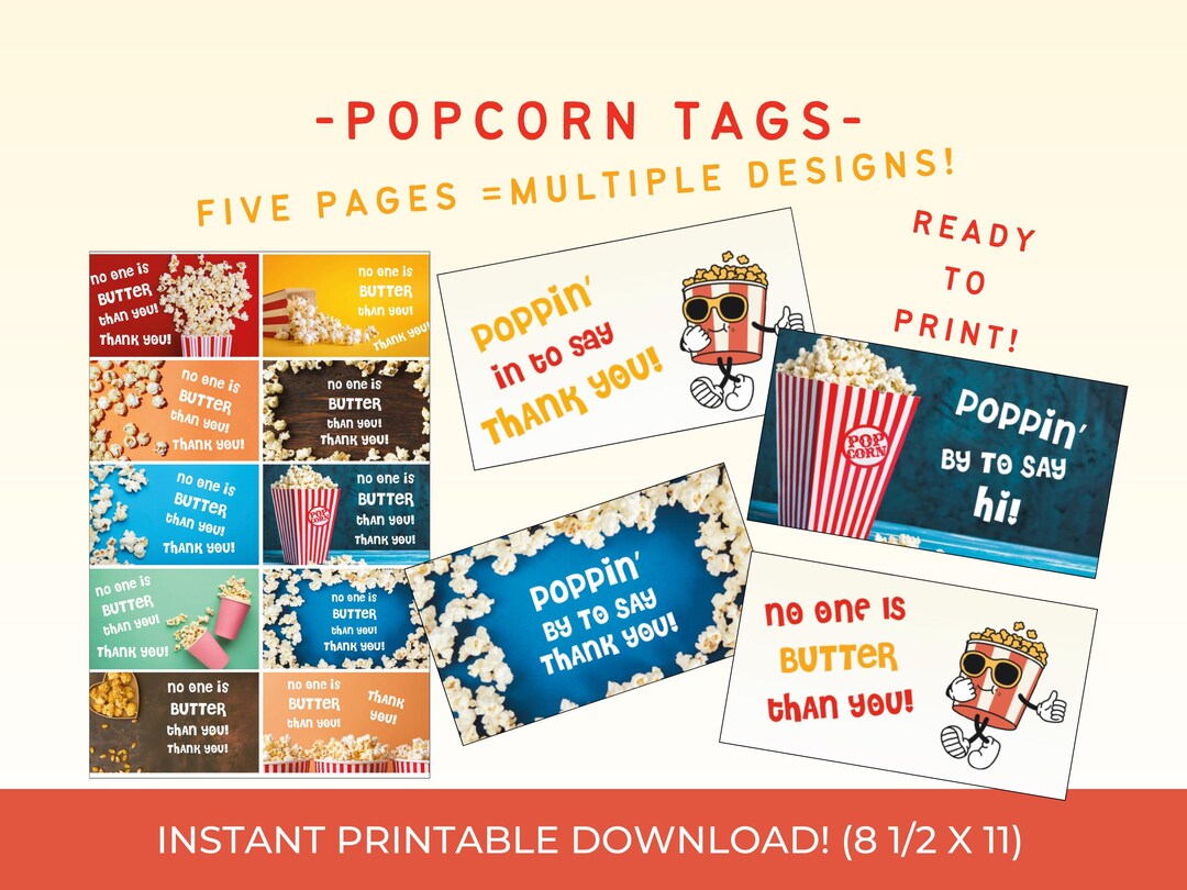 Popcorn Thank You Gift Tags: Printable Appreciation Cards (instant ...