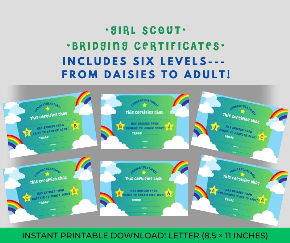 Girl Scout Bridging Certificates for SIX Levels Instant PDF Digital ...