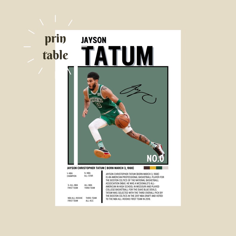 Jayson tatum Poster,Jayson Tatum Poster,Basketball Print, Basketball ...