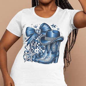 Denim and Diamonds Cowgirl PNG Design: Western Boots, Hat, Disco Ball ...