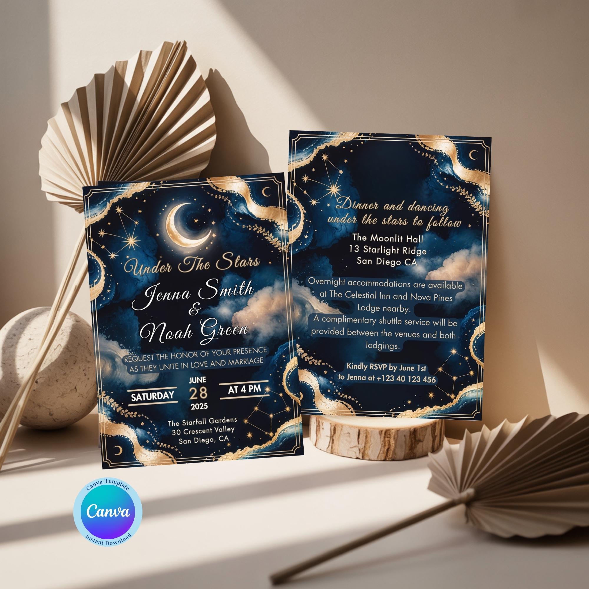Celestial Wedding Invitation Canva Editable Template - Crescent Moon ...