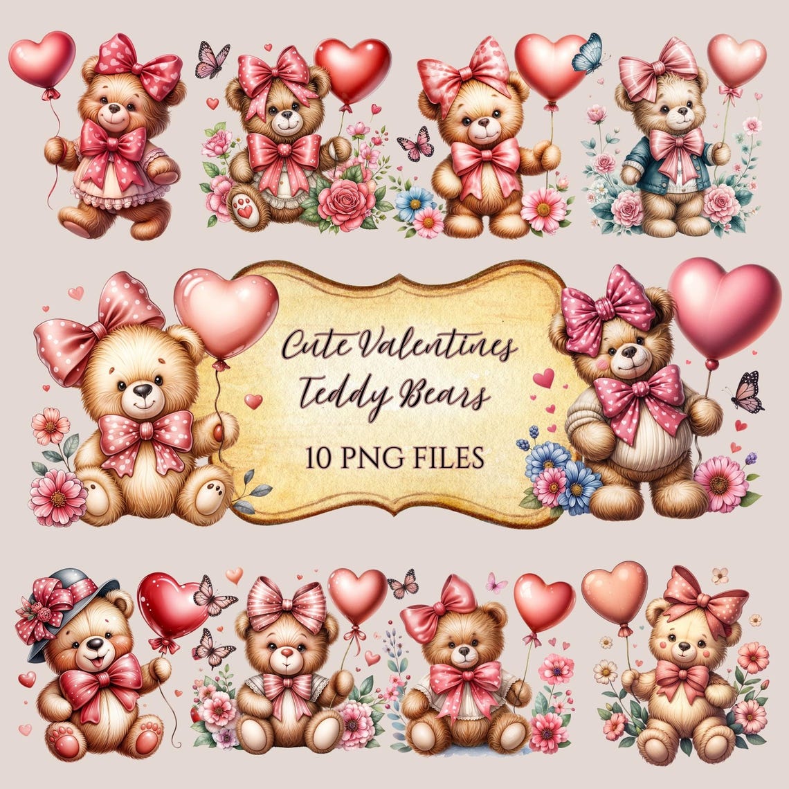 Cute Valentine Teddy Bear Clipart Set PNG - Heart Balloon Illustrations ...