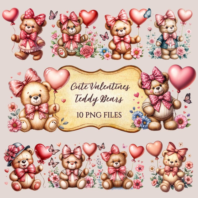 Cute Valentine Teddy Bear Clipart Set PNG Heart Balloon Illustrations ...