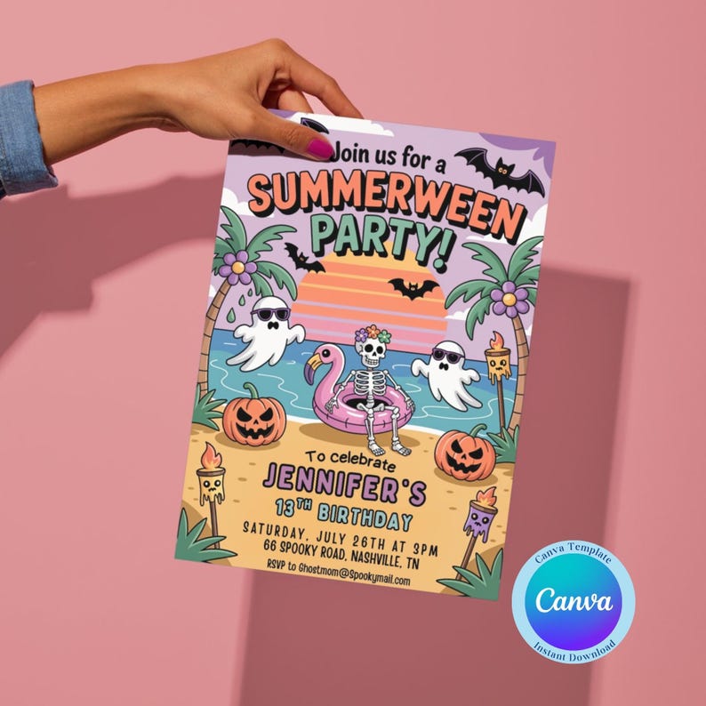 Summerween Party Invitation Template - Summer Halloween Pool and ...