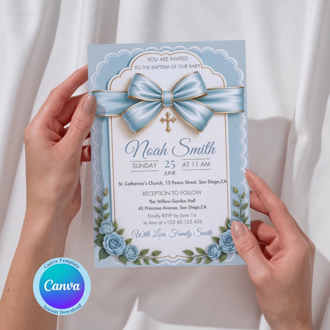 Baby Boy Baptism Invitation Template: Blue Bow, Editable Canva (digital ...