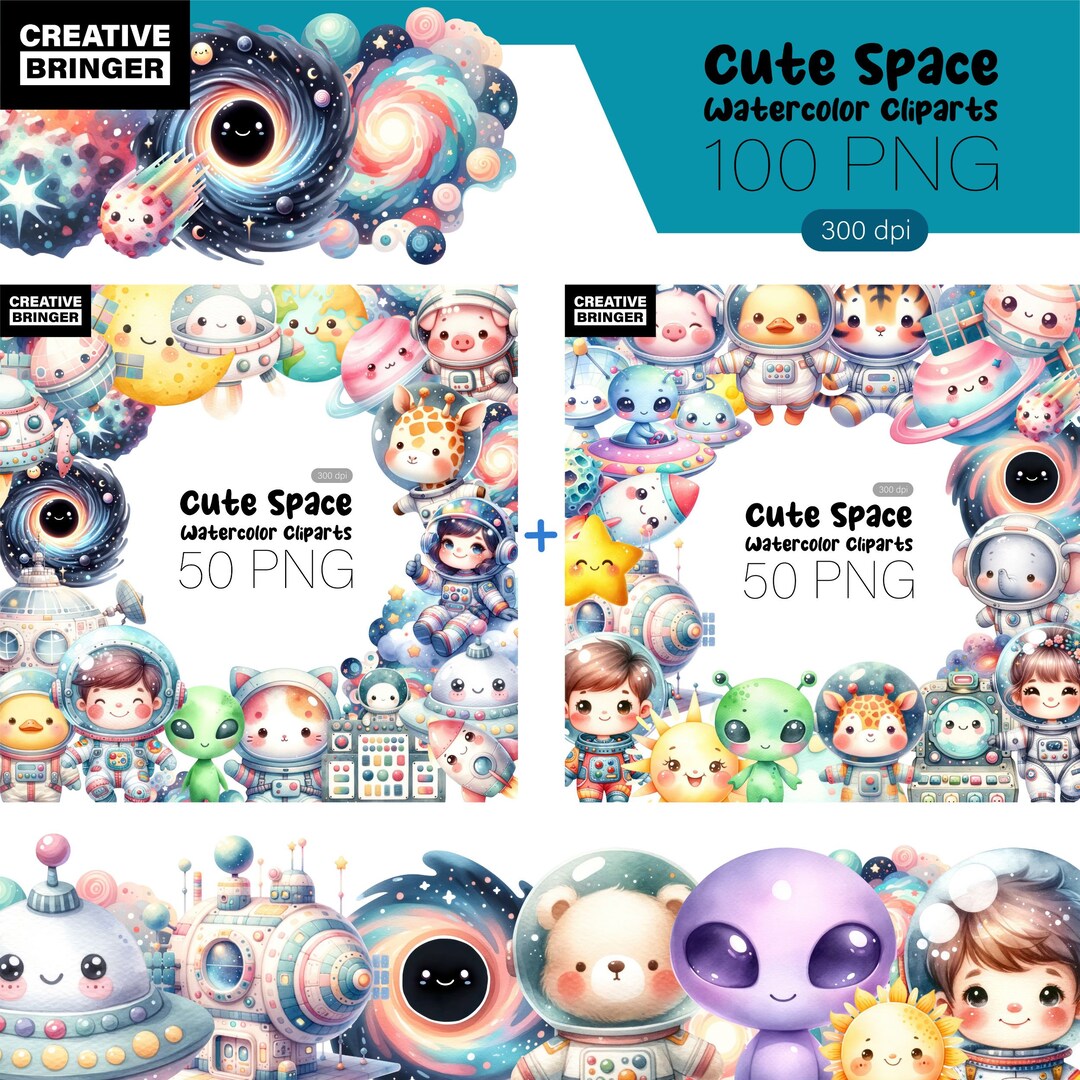 Cute Space Watercolor Clipart Bundle, Outer Space Clipart, Galaxy ...