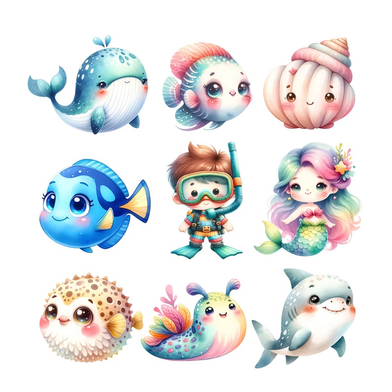 Cute Under the Sea Watercolor Cliparts Bundle, 30 PNG, Nursery Decor ...