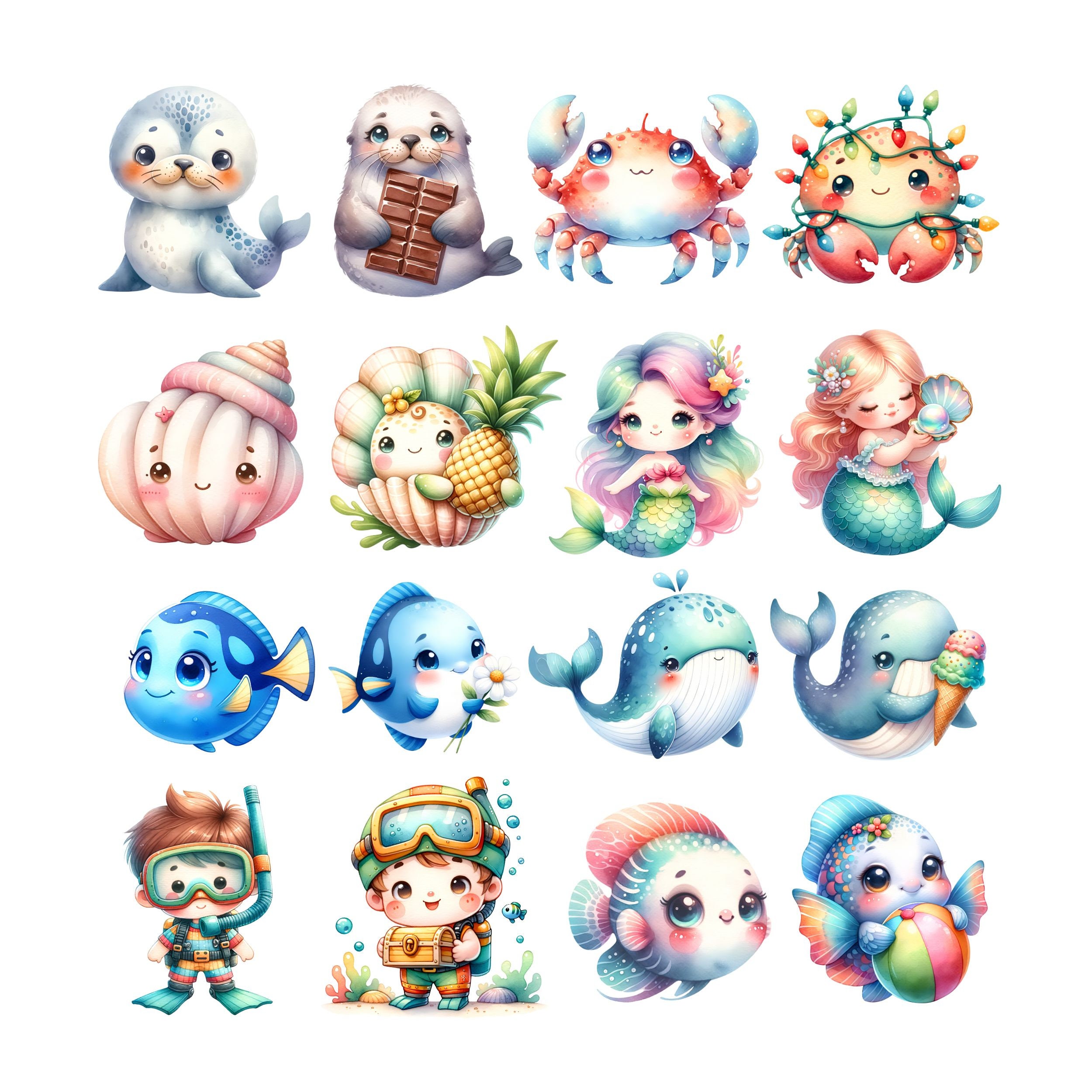 Cute Under the Sea Watercolor Cliparts Bundle, 60 PNG, Nursery Decor ...