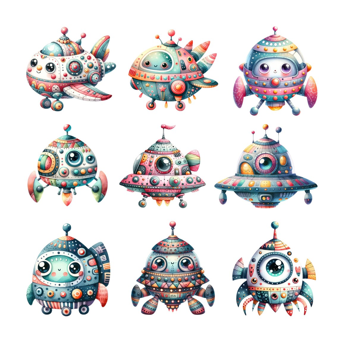 Cute Alien & UFO Watercolor Clipart Bundle, Outer Space, Galaxy Clipart ...