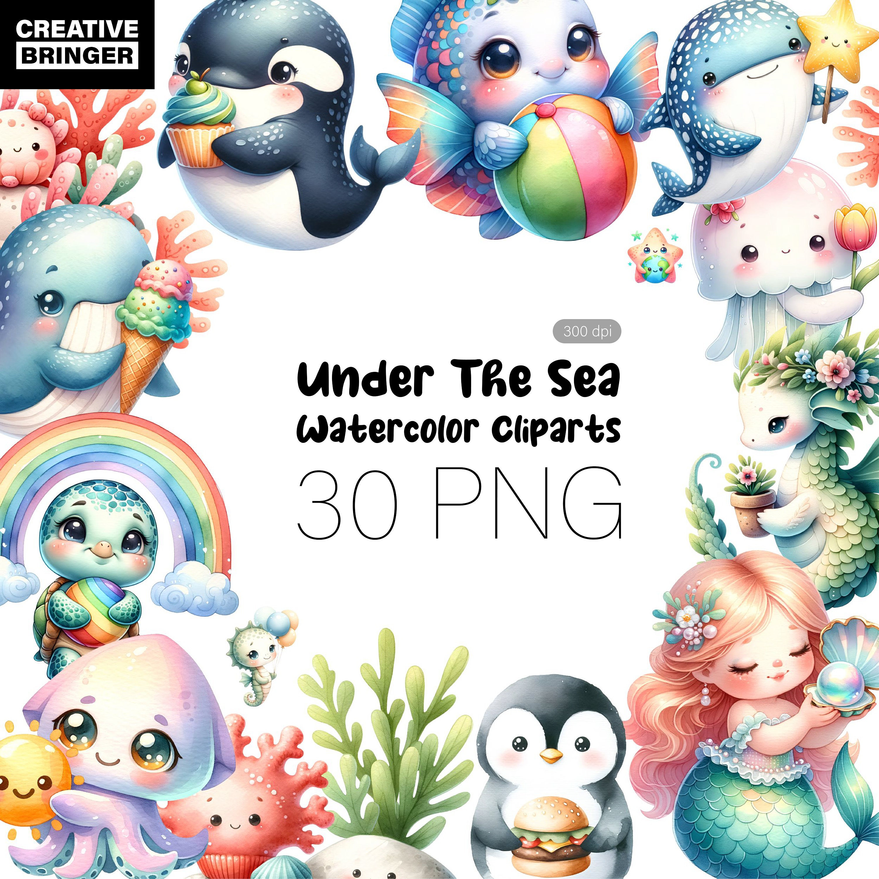 Cute Under the Sea Watercolor Cliparts Bundle, 30 PNG, Nursery Decor ...