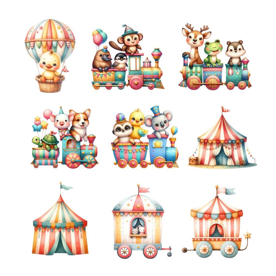 Cute Circus Animals Watercolor Clipart, 60 PNG, Circus Animals, Circus ...