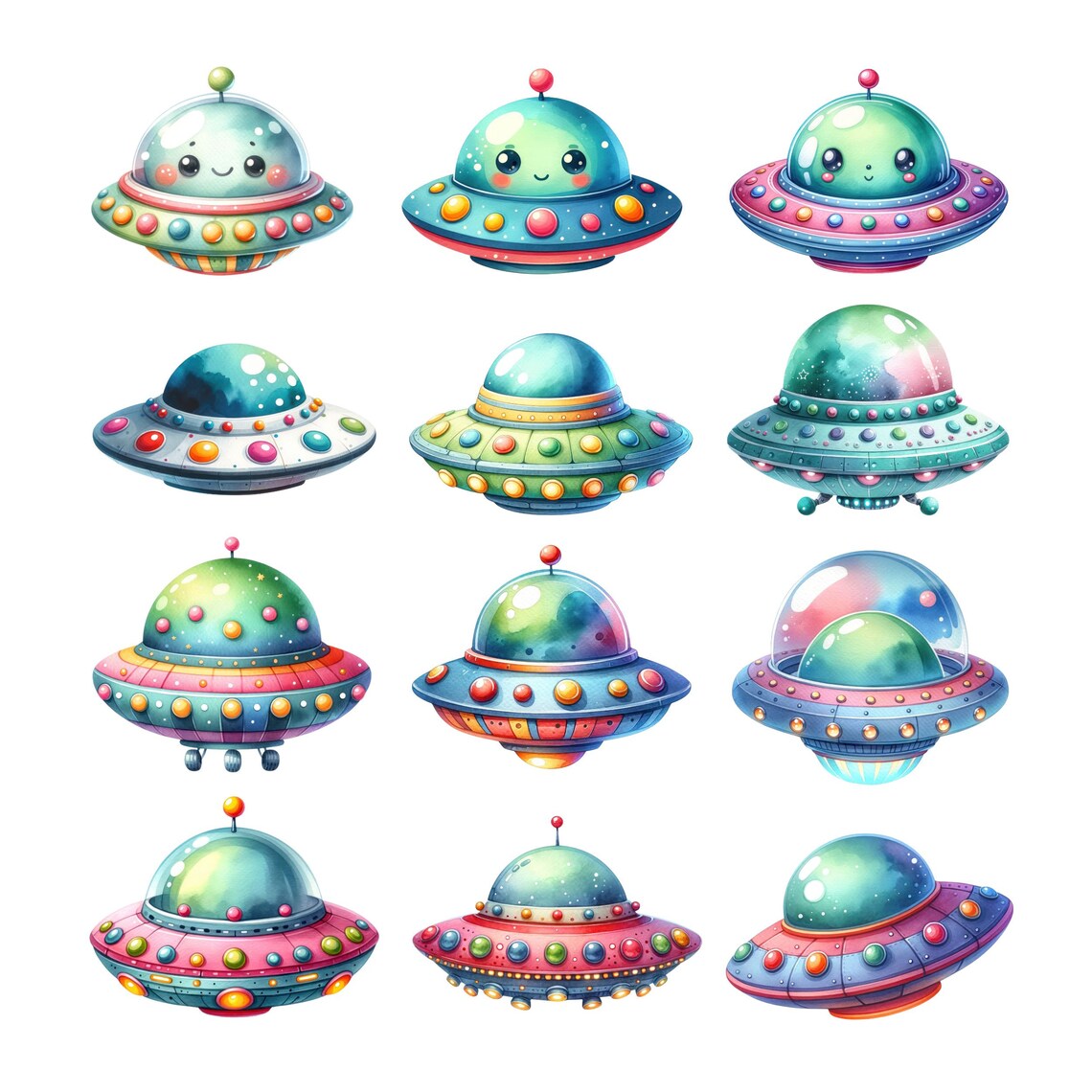 Cute Alien & UFO Watercolor Clipart Bundle, Outer Space, Galaxy Clipart ...