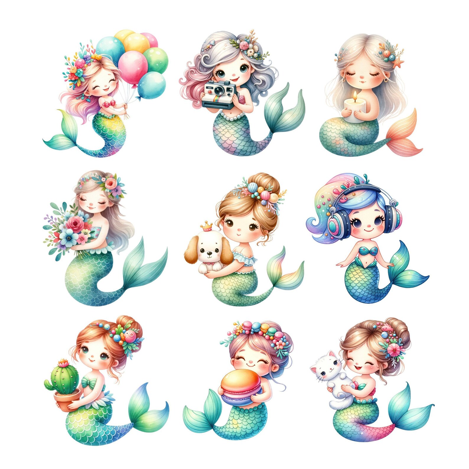 Cute Mermaid Watercolor Cliparts Bundle, 70 PNG, Mermaid Cliparts ...