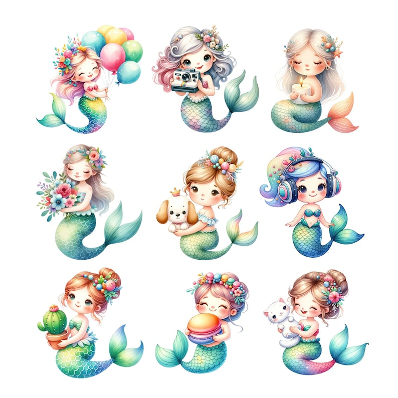 Cute Mermaid Watercolor Cliparts Bundle, 70 PNG, Mermaid Cliparts ...
