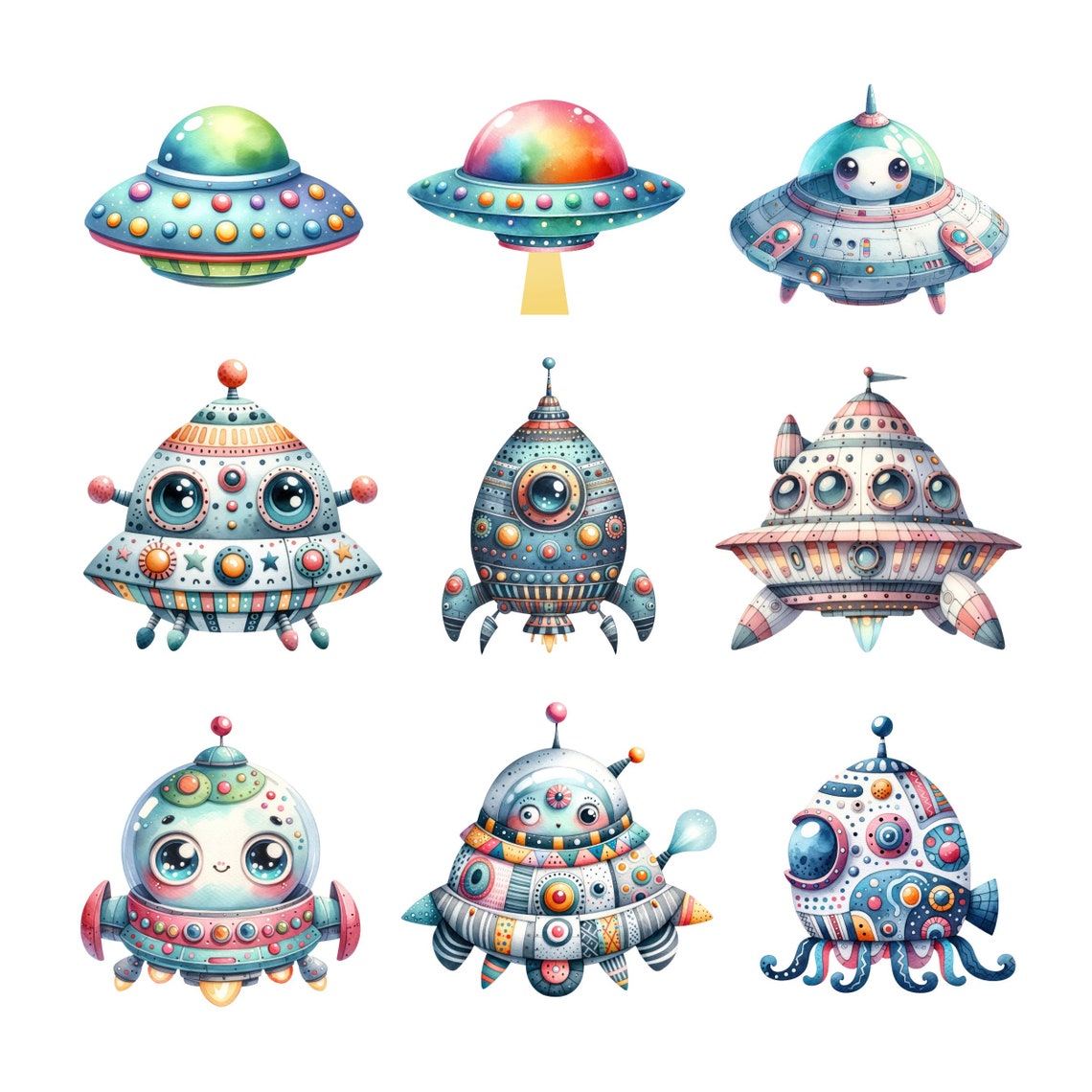 Cute Alien & UFO Watercolor Clipart Bundle, Outer Space, Galaxy Clipart ...
