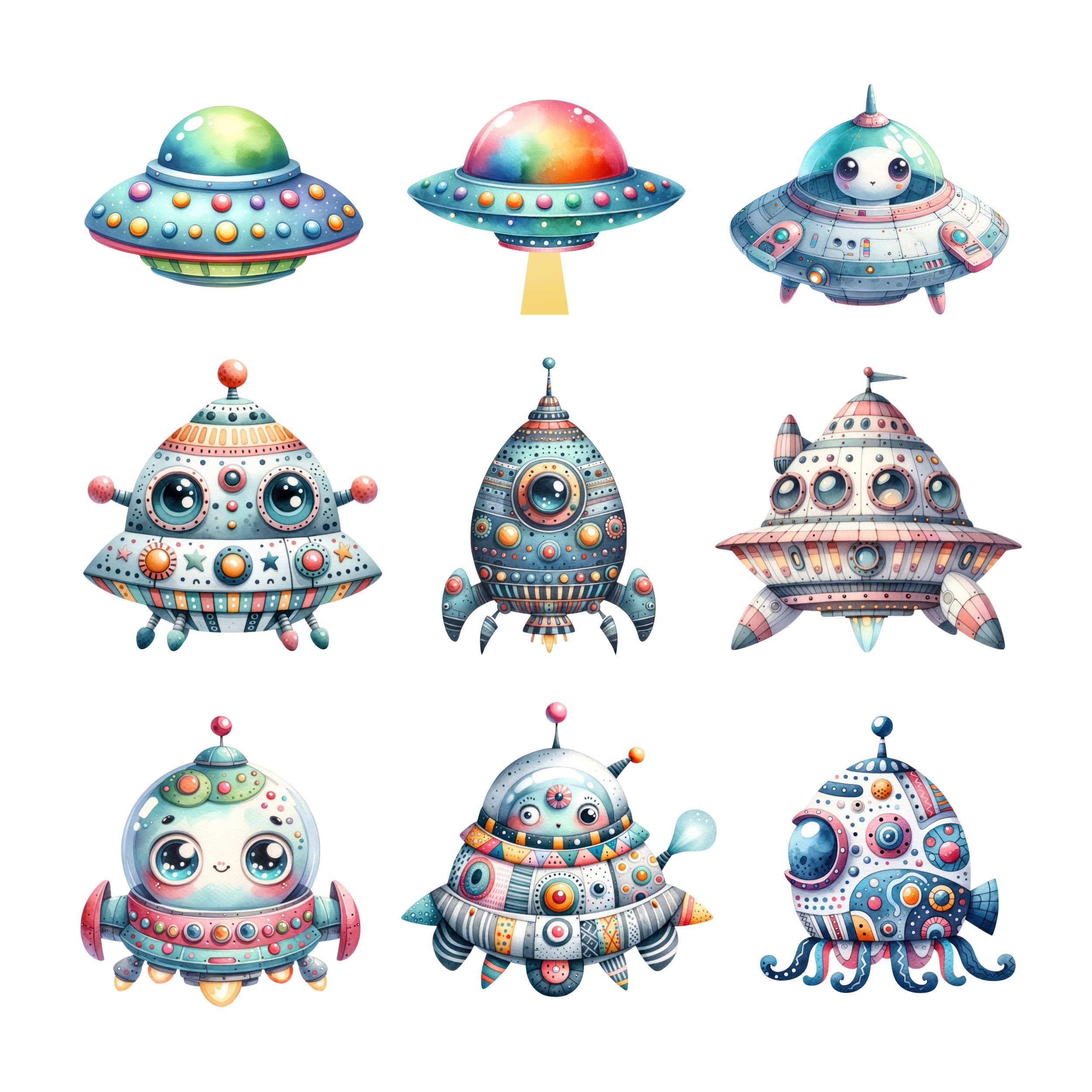 Cute Alien & UFO Watercolor Clipart Bundle, Outer Space, Galaxy Clipart ...