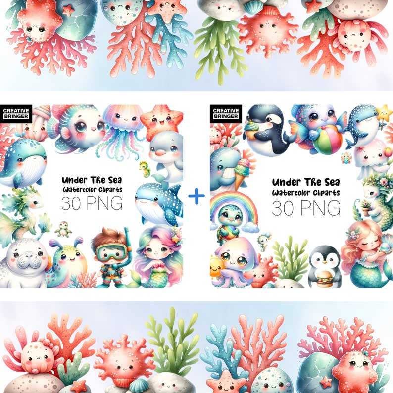 Cute Under the Sea Watercolor Cliparts Bundle, 60 PNG, Nursery Decor ...