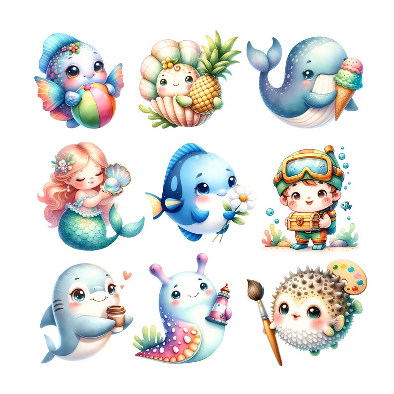 Cute Under the Sea Watercolor Cliparts Bundle, 30 PNG, Nursery Decor ...