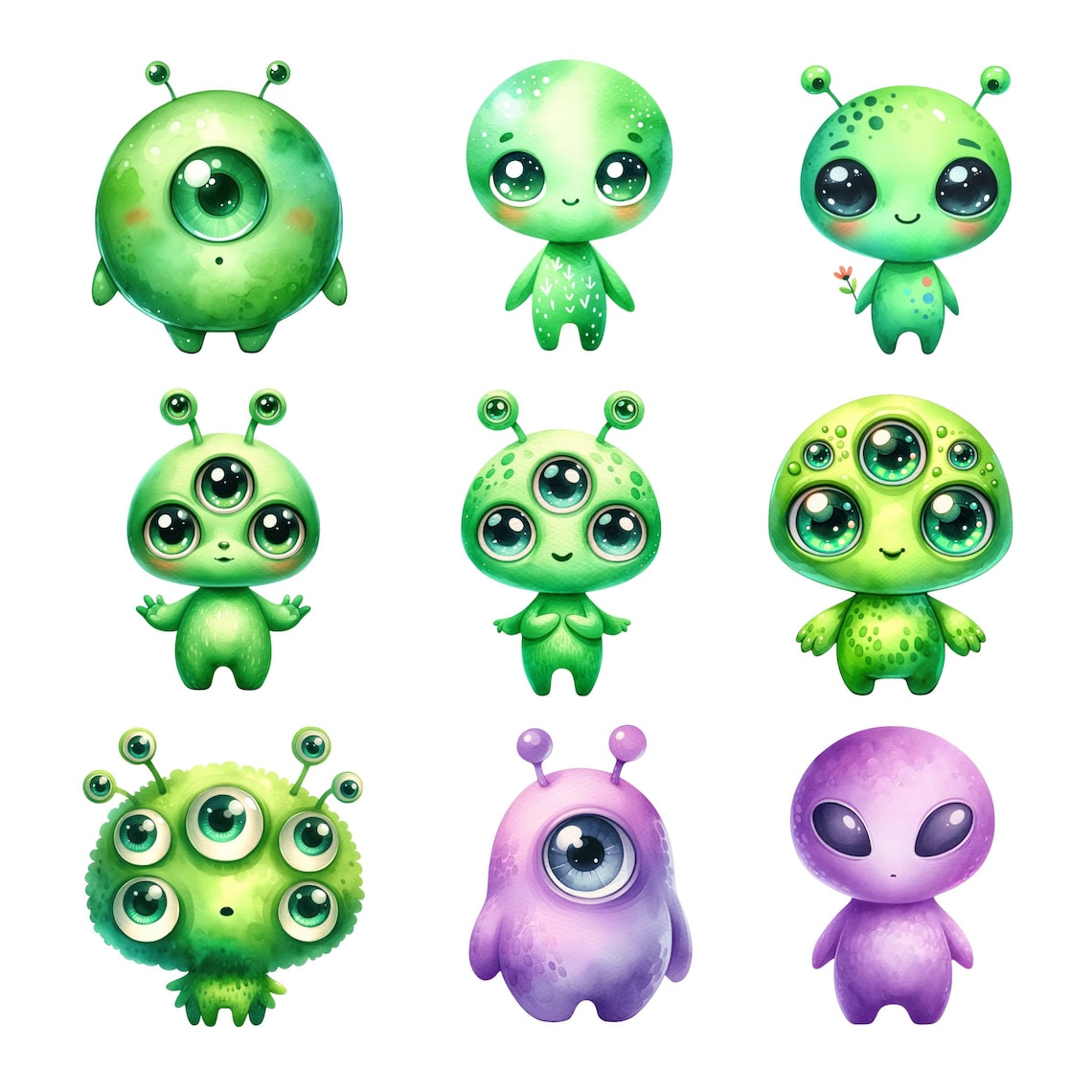 Cute Alien & UFO Watercolor Clipart Bundle, Outer Space, Galaxy Clipart ...